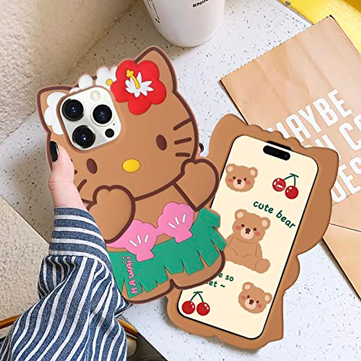 WOLLONY Cat Case 3D Cartoon for iPhone 14 Pro Max Phone Case with Bracelet Chain, Kids Girls Women Cool Fun Cute Kawaii Animal Cases Soft Silicone Funny Character Unique Protective Cover, Brown/Pink