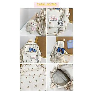 Aesthetic Kawaii Backpack with Kawaii Pendants for School Cute Mini Backpack Flowers Japanese School Bag for Teen Girls (White)