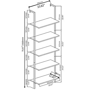Karl home Ladder Shelf 5 Tier Wall Mounted Bookcase with Metal Frame, Open Design Shelves for Living Room, Bedroom, Home, Office, White (23.62" L x 11.81" W x 70.87" H)
