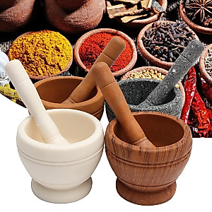 Resin Pestle & Mortar Set Garlic Herb Spice Mixing Grinder Crusher Kitchen Bowl Smashing Tools-Wood Grain