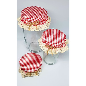DLK - 10 pieces Elasticated Jar Cover Cloth - 100% Cotton Jar Cover Cloth - Stretchy Red Gingham (Checkered) Pattern - Breathable Fermentation Lid Bowl - Reusable Elastic Cloth Jar Covers