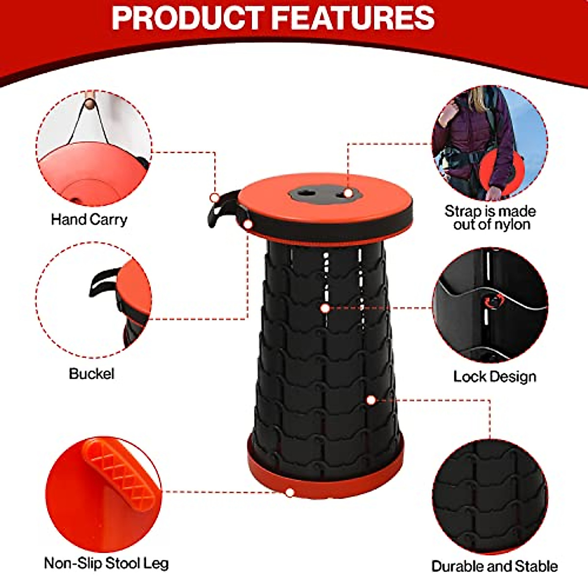 AVAMA Collapsible Seat Stool, Portable & Folding Stool for Adults (Black)