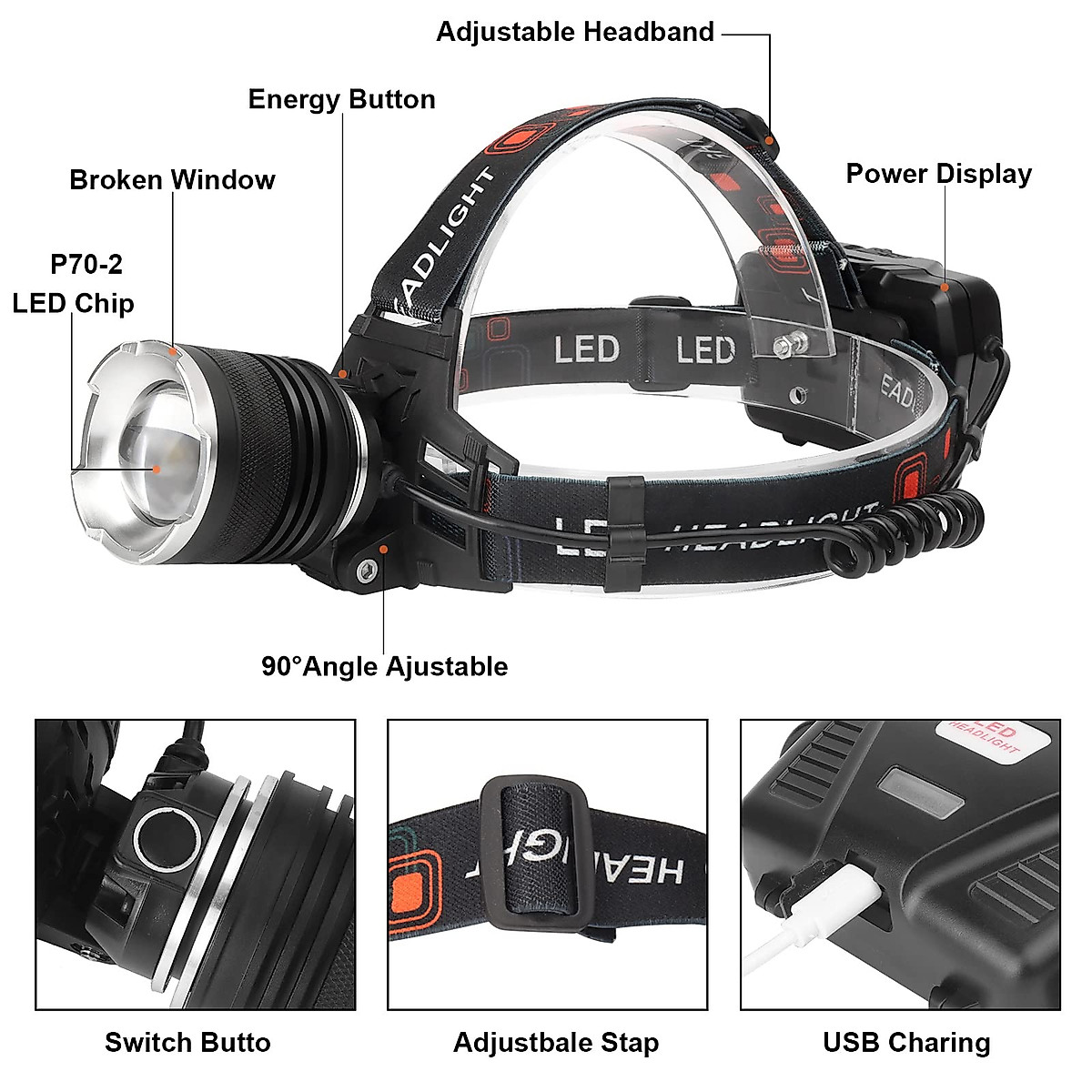 LED Rechargeable Headlamp, 90000 Lumens Super Bright with 5 Modes and IPX6 Level Waterproof USB Rechargeable Headlamp, 90° Adjustable, Suitable for Outdoor Camping, Running, Cycling,Climbing, Etc