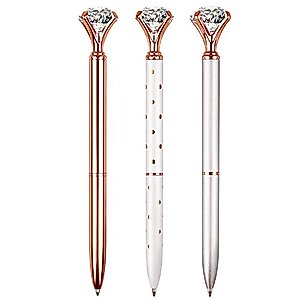 3 PCS Diamond Pen With Big Crystal Bling Metal Ballpoint Pen, Office Supplies And School, Rose Gold/White Rose Polka Dot/Silver, Includes 3 Pen Refills
