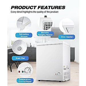 Mini Chest Freezer 3.5 Cu.Ft, Small Top Door Deep Freezer with 7 Adjustable Temperature, Removable Basket, Low Noise for Home, Apartment, Open Garage, Kitchen White