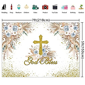 Wollmix 1st First Communion Baptism Decorations Backdrop 7x5ft God Bless Holy Communion Banner Christening Gold Dots Boho Florals Photography Background Baby Shower Banner Photo Booth Props