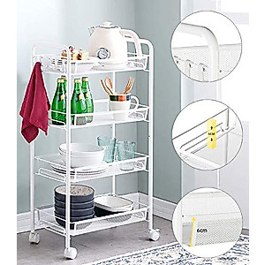 Rolling Storage Cart 4-Tier Metal Mesh Basket Shelves Kitchen Organizer with Wheels(White)