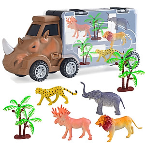 Tcvents Toys for 3 + Year Old Boys Girls, Car Toys Carrier Trucks for Kids 5-7 Gifts - Rhino Truck Transport Carrier Toy Playset with Animal Toys & Accessories for Kids Birthday