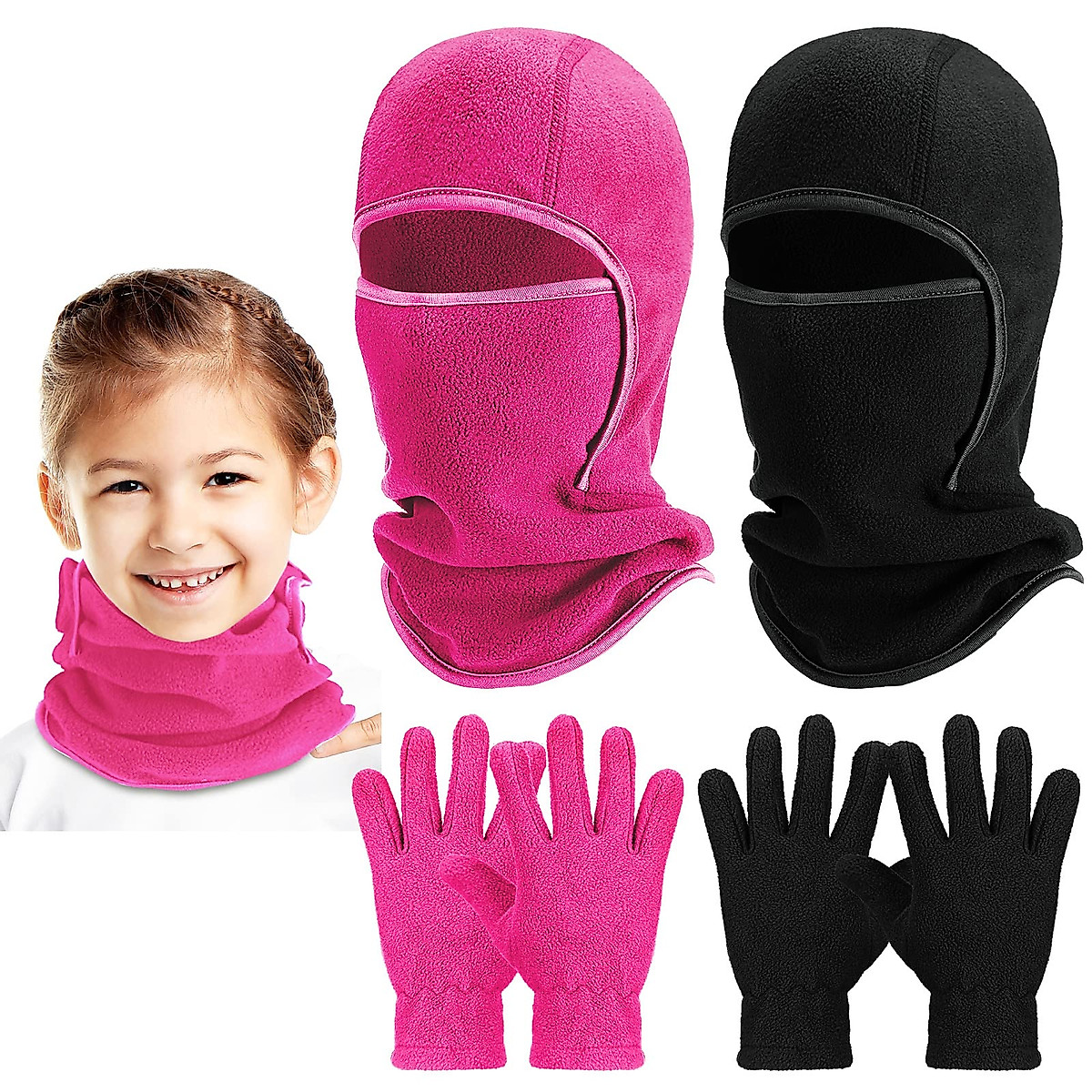 4 Pcs Kids Balaclava Ski Mask and Fleece Gloves Set Winter Hat Face Mask Warm Full Finger Glove for Boys Girls 8-12 Years Old (Black, Rose Red)