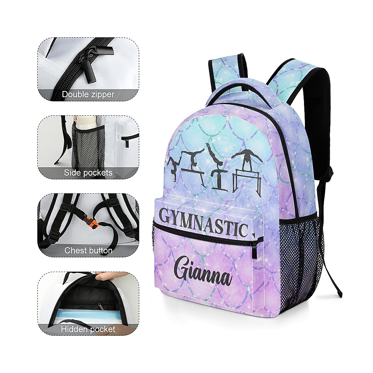 Gymnastic Mermaid Scale Personalized School Backpack Bags Kids Backpack for Teen Boys Girls Travel Backpack