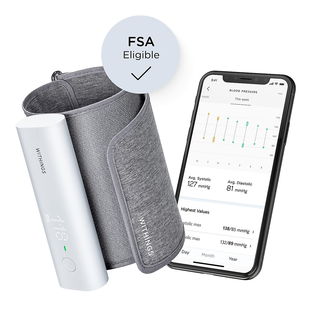 Withings BPM Connect - Digital Blood Pressure Cuff & Heart Rate Monitor - Blood Pressure Machine Arm Cuff, FDA Cleared, FSA/HSA Eligible, IOS & Android