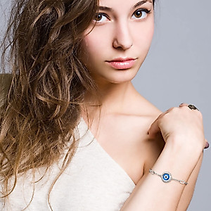 ELEGANZIA Greek Evil Eye Bracelet Turkey Sterling Silver, CZ Third Eye Bracelet for Women Men, Link Bracelet Amulet for Teen Adjustable 6.5" - 8"