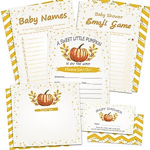 Pumpkin Baby Shower Invitations 5 Different Cards 25 Pack Gender Neutral Diaper Party Games Baby Names Thank You Cards Tickets Envelopes for Rustic Fall Autumn Halloween