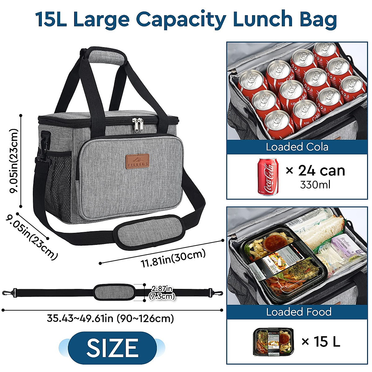 Filligs Insulate Lunch Bag for Women/Men - 24-Can Cooling Thermal Lunch Food Box With Removable Shoulder Strap with Side Pockets - Leakproof Cooler Tote Bag - Loncheras Para Hombres De Trabajo