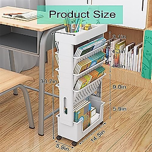 5 Tier Mobile Bookshelf, Removable Movable Unique Bookcase, Utility Organizer White Bookshelves with Wheels for Kids Children Students Study at Home School Bedroom Living Room