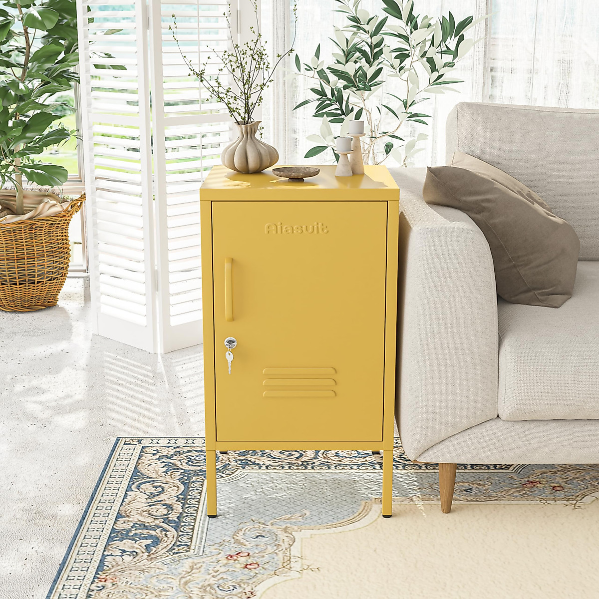 Aiasuit 2 Tiers Night Table Minimalist Style Tea Table Safe Lockable Coffee Table Metal Locker Bedside Cabinet Children's Bedside Cabinet Yellow Size: 27.55”H X 13.78”W X 14.96”D