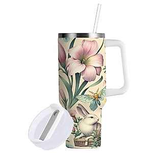 Jihqo Easter Day Floral and Eggs 40 oz Stainless Steel Vacuum Insulated Tumbler with Handle and Straw Lid, Leakproof Water Bottle Double Wall Travel Mug Coffee Cup, Cupholder Friendly