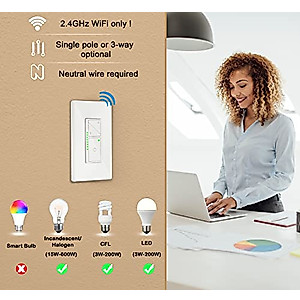 CLOUDY BAY Smart Dimmer Switch,Remote WiFi Light Switch,Compatible with Alexa and Google Home for Dimmable LED/CFL/Incandescent Bulbs, Neutral Wire Required, Single-Pole 3 Way,2 Pack