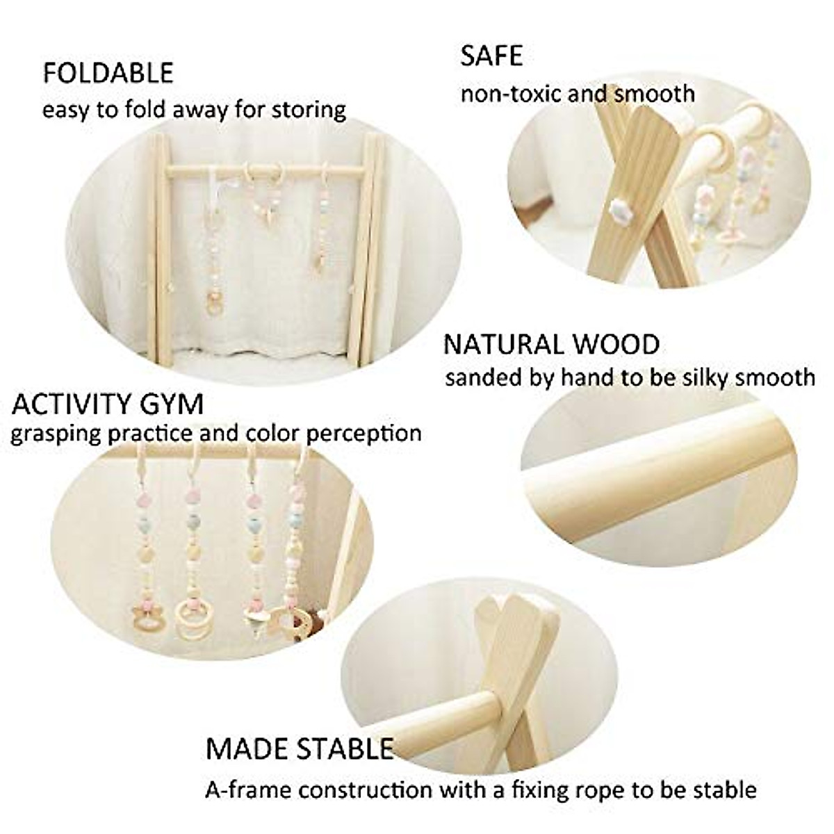 Cynzia Baby Play Gym, Wooden Baby Gym with 4 Infant Toys, Foldable Wood Gyms Frame Hanging Bar for Toddler, Newborn, Baby Girls and Boys Shower Gift Play Toys