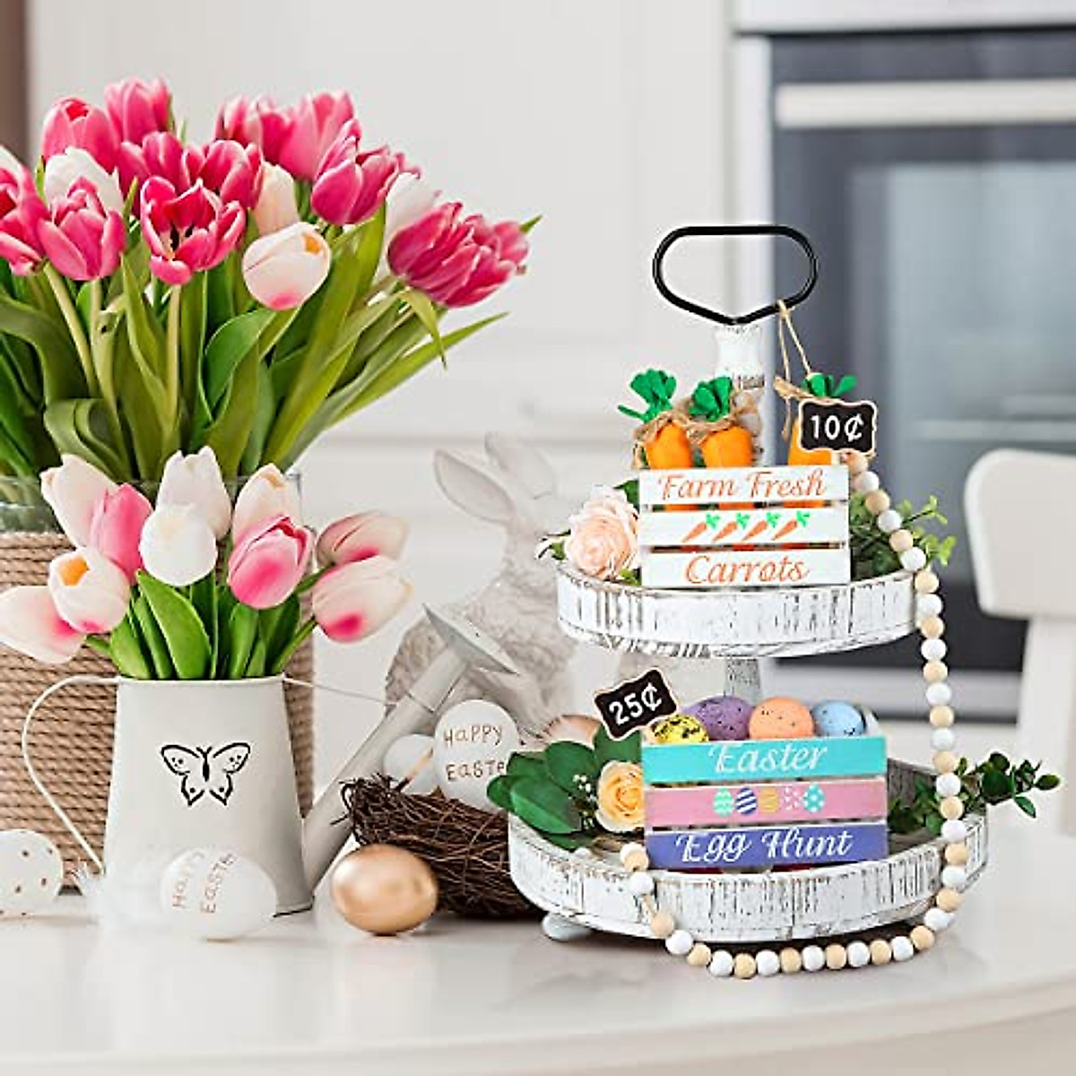 Easter Wooden Storage Crates Spring Mini Crate Decorations Easter Tiered Tray Decor Rustic Farmhouse Wood Box with Decorative Eggs Carrots for Easter Spring Home Decor Table Centerpiece