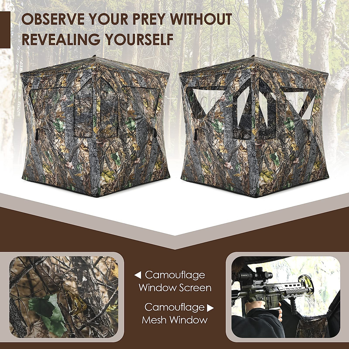 GYMAX Hunting Blind, 3 Persons Pop Up Ground Blind with Shooting Hole, Windows & Silent Sliding, 360 Degree See Through Portable Durable Hunting Tent, Camouflage Ground Blind for Deer Turkey Hunting