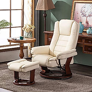 MCombo Recliner with Ottoman Chair Accent Recliner Chair with Vibration Massage, Removable Lumbar Pillow, 360 Degree Swivel Wood Base, Faux Leather 9096 (Cream White)