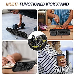 Goton Armor Case for iPhone 13 Pro Max & iPhone 12 Pro Max Case with Sliding Camera Cover & Stand, Heavy Duty Shockproof Protective Rugged Phone Case with 360-degree Rotatable Ring Kickstand - Black