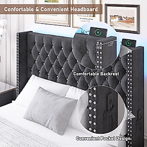 Hlivelood Queen LED Upholstered Bed Frame with Wingback Headboard, Velvet Diamond Button Tufted Bed Frame w/USB&Type-C Ports, Pocket and LED Lights, Wood Slats Support, No Box Spring Needed, Dark Grey