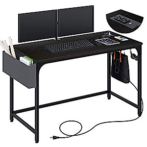 Rolanstar Computer Desk with Power Outlet, Home Office PC Desk with USB Ports Charging Station, 39" Desktop Table with Side Storage Bag and Iron Hooks, Stable Metal Frame Workstation, Black