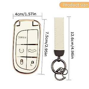 Compatible with Jeep Key Fob Cover with Keychain Grand Cherokee Renegade Chrysler Dodge RAM Journey Dart Fiat Smart Key 3 4 5 Buttons Holder - Premium Protection Car Key Case Shell, Anti-dust, White