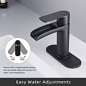 NEWATER Waterfall Brass Bathroom Faucet Single-Handle Black Bathroom Sink Faucet Matte Black Single Hole or 3 Holes 4 inch faucet for bathroom sink，RV Vessel Vanity Faucet with Deck Mount，Pop-Up Drain