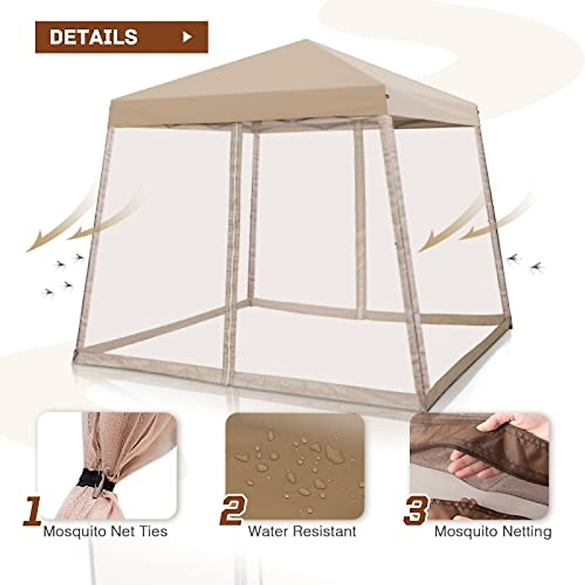 INTER HUT 10x10 Pop up Canopy Tent with Mesh Netting, Slant Leg Instant Screened House Gazebo, Beige