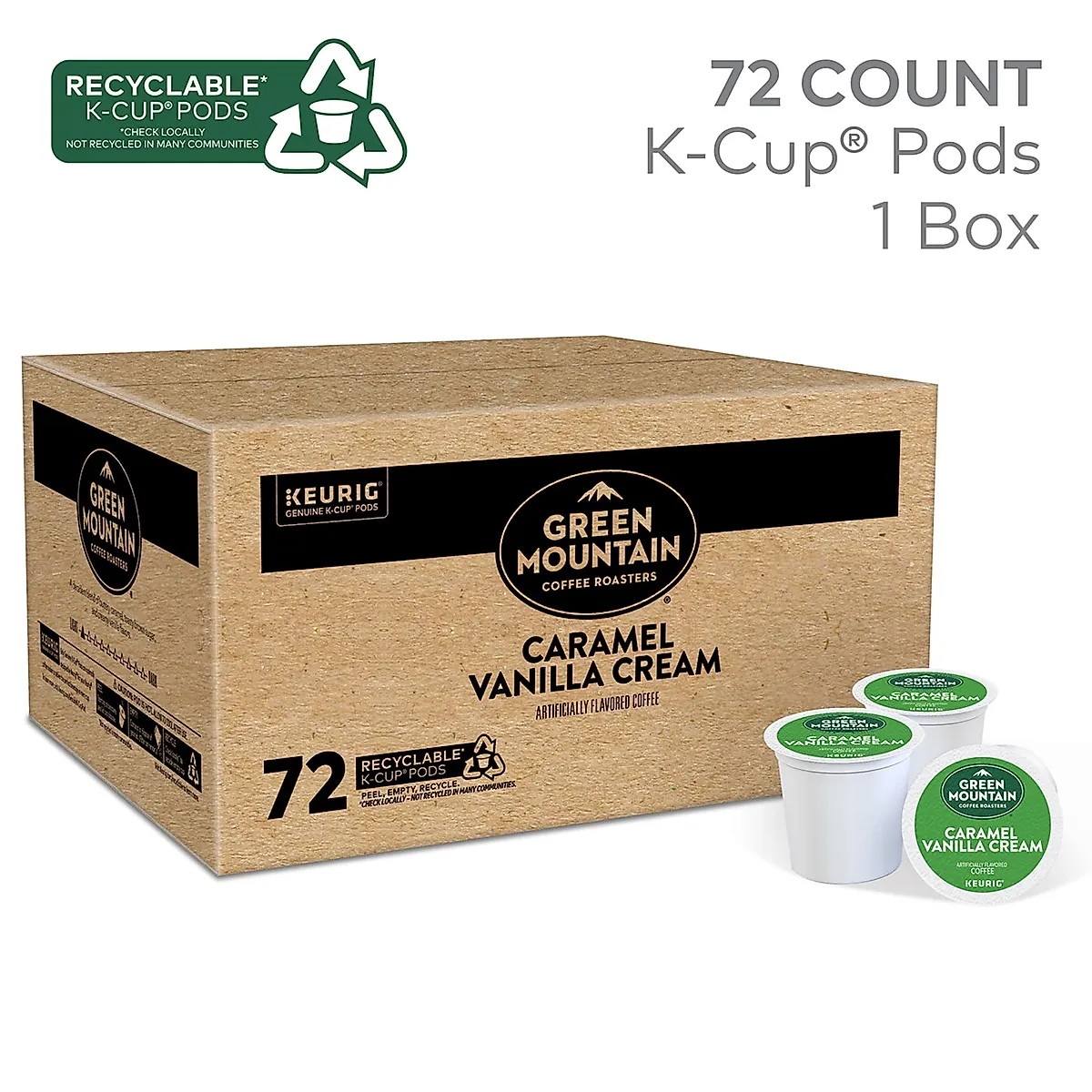 Green Mountain Coffee Roasters Caramel Vanilla Cream, Single-Serve Keurig K-Cup Pods, Flavored Light Roast Coffee, 12 Count (Pack of 6)