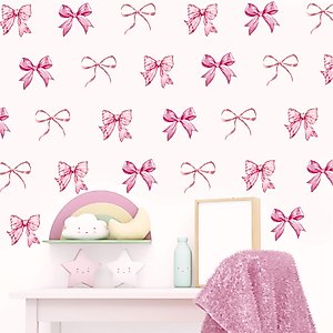 Whaline 12 Sheets Trendy Pink Bow Wall Stickers Light Pink Bow Knot Wall Decals Watercolor Room Mural Stickers for Girls Party Home Nursery, 7.9 x 11.8 Inch