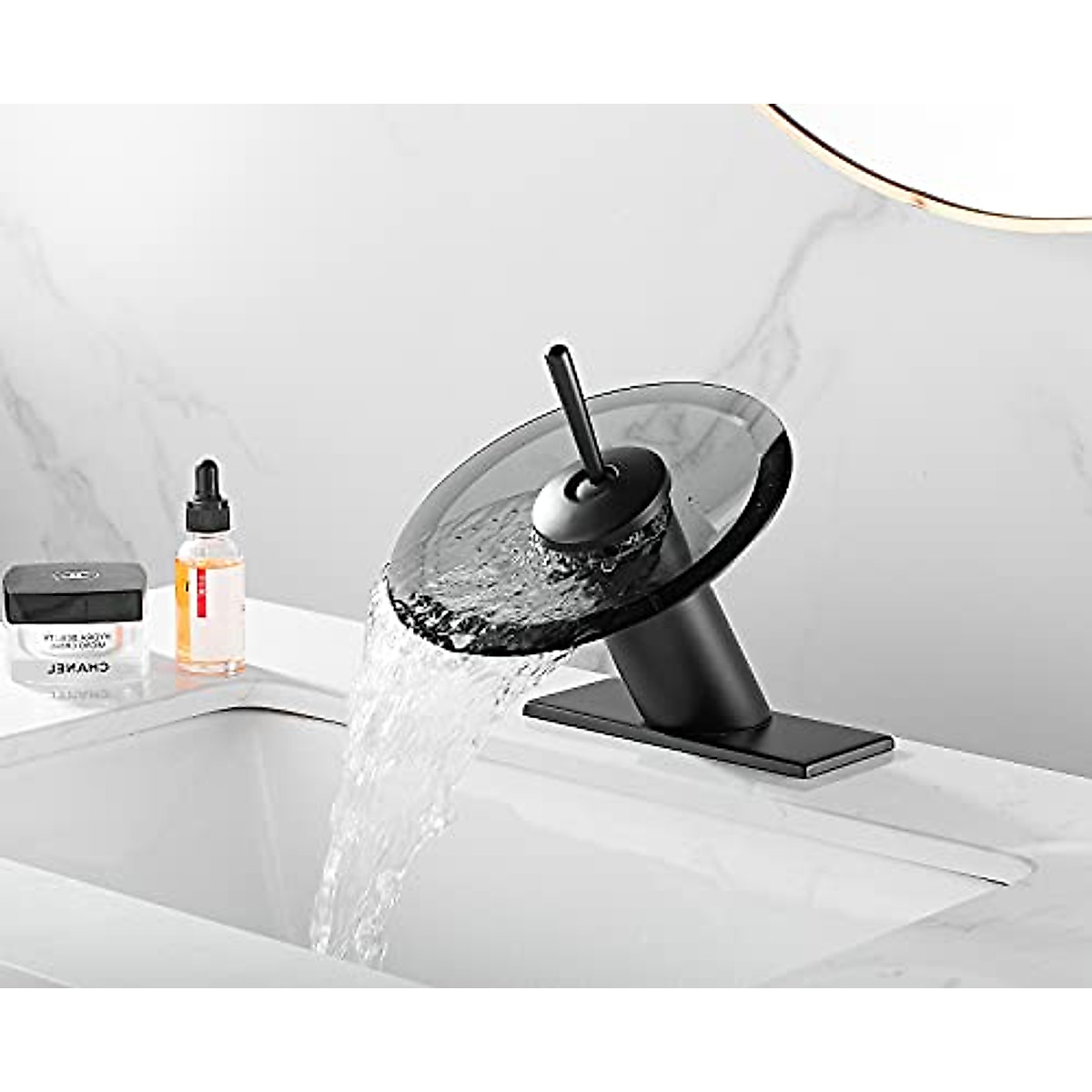 Bathroom Faucet Black Glass Waterfall Spout Single Handle 360° Swivel Solid Brass Bath Basin Lavatory Sink Vanity Faucet One or 3 Hole Commercial with Deck Plate