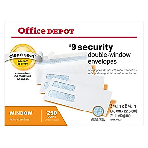 Office Depot Double-Window Envelopes, #9 (3 7/8in. x 8 7/8in.), White, Clean Seal(TM), Box Of 250, 77166
