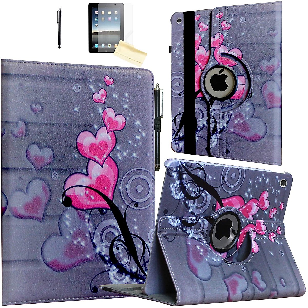 JYtrend Case for iPad 10.2 inch, for iPad 9th 8th 7th Generation, Rotating Stand Smart Magnetic Auto Wake Up/Sleep Cover for A2602 A2603 A2604 A2605 MK2L3LL/A MK2P3LL/A MK673LL/A (Heart Flower)