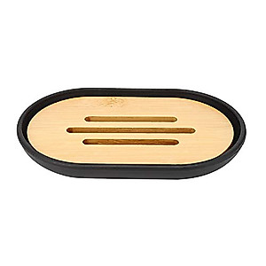 Tyenaza 6pcs Bathroom Accessories Set, Bamboo Bath Set Toothbrush Holder Toothbrush Cup Soap Dispenser Soap Dish Toilet Brush Holder Trash Can Straw(Black)