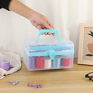 BTSKY Multipurpose Plastic Craft Storage Containers with Removable Tray, Clear Plastic Storage Box with Lid & Handle, Easy Carry & Stack Small Storage Container, 8.5x5x4.9 Inch, Rectangle-Blue