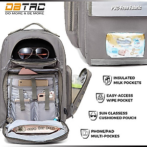Diaper Bag Backpack for Dad, DBTAC Large Baby Nappy Bag for Men w/Changing Mat, Insulated+Wipe Pockets, Stroller Straps, Grey