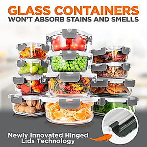 SereneLife 24-Piece Food Glass Storage Containers - Superior Glass Food Storage Set, Stackable Design with Newly Innovated Hinged Locking lids, 11 To 35 Oz. Capacity, Gray - SLGL24GY