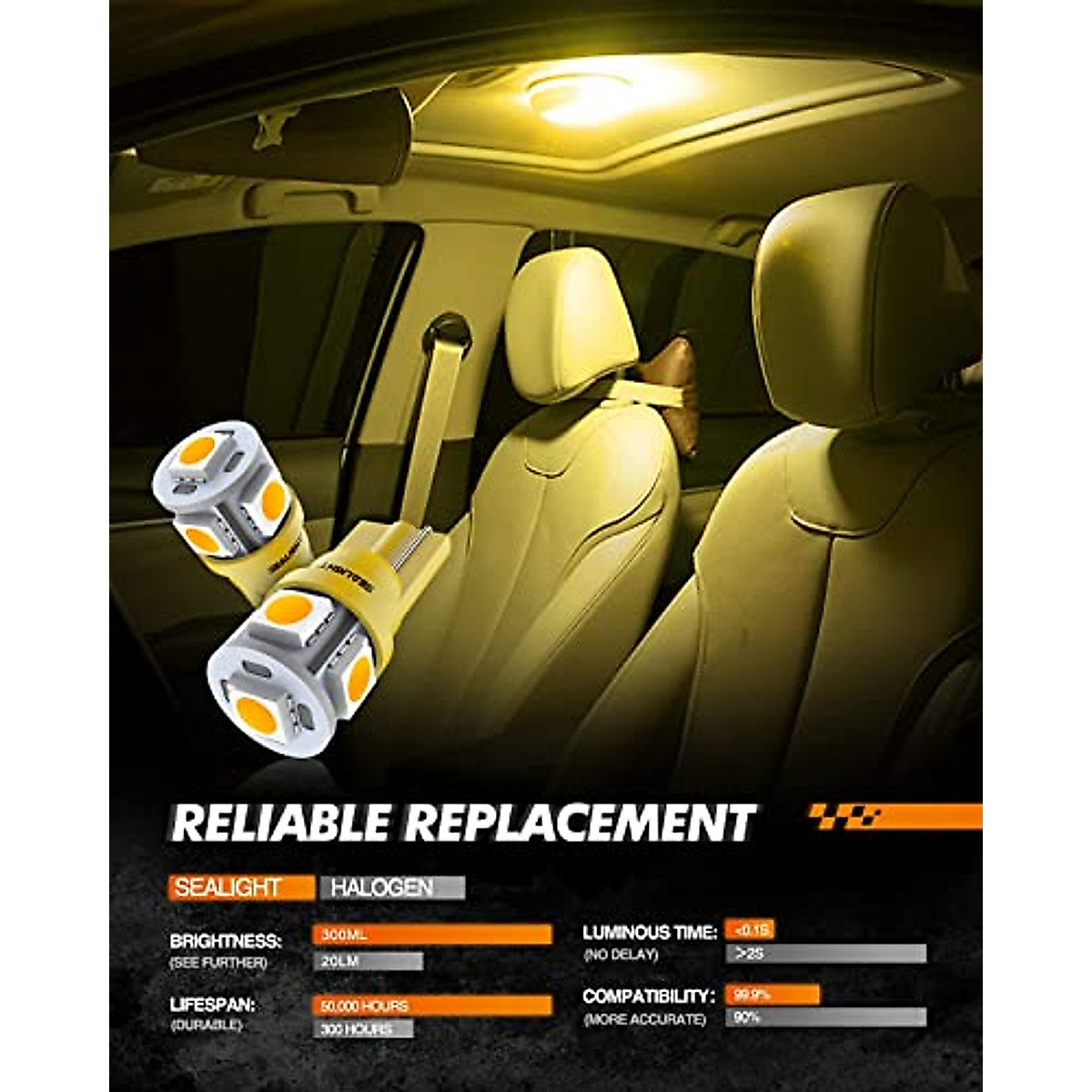 SEALIGHT 194 LED Bulb, 168 T10 LED Bulb Amber 2700k Yellow 2825 for Turn Signal Side Marker Dome Lights, 12V Cab Running Parking Tail Lights, (Pack of 10)