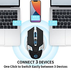 Bluetooth Mouse Rechargeable, Wireless Gaming Mouse Multi Device(BT5.0/3.0+2.4G) with Side Buttons, USB Receiver, RGB Backlit, Cordless Computer Mice for Laptop, Windows PC Mac Tablet(Black-Mute)