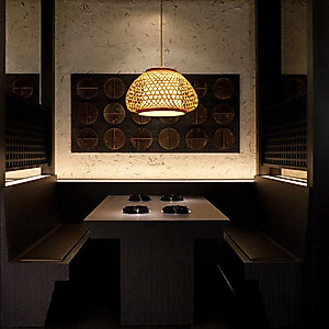 KWOKING Lighting Handmade Flush Mount Ceiling Light Retro Bamboo Dome Shade Pendant Light 1 Light Woven Hanging Lamp for Dining Table,Restaurant - 23.5"