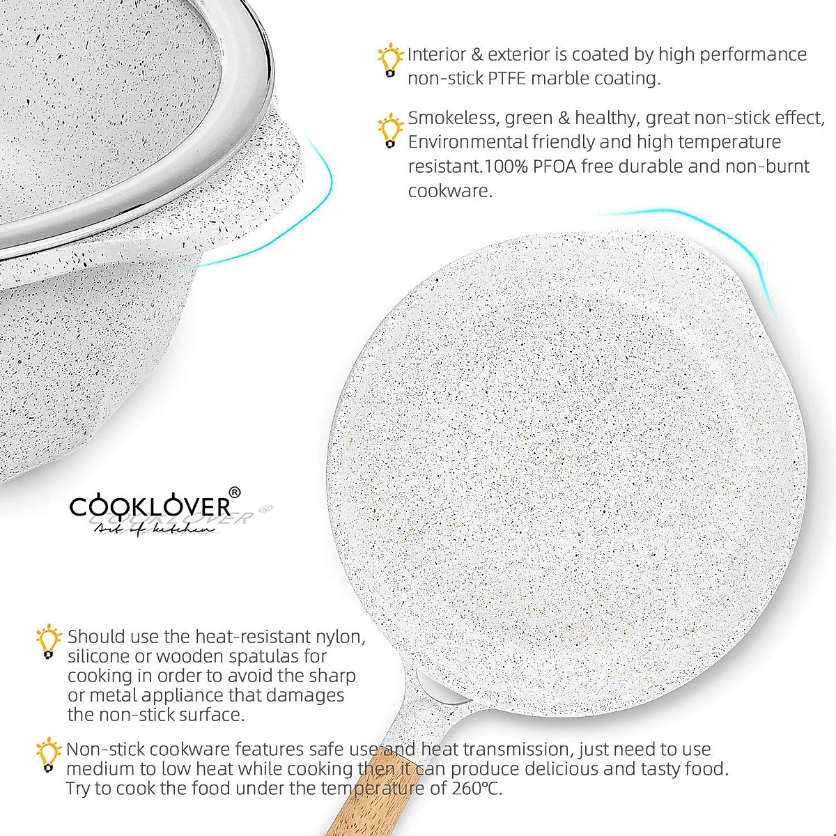 COOKLOVER Nonstick Frying Pan Induction Sauté Pan with Lid - 9.5 inch- White + Nonstick Frying Pan - 11inch- White