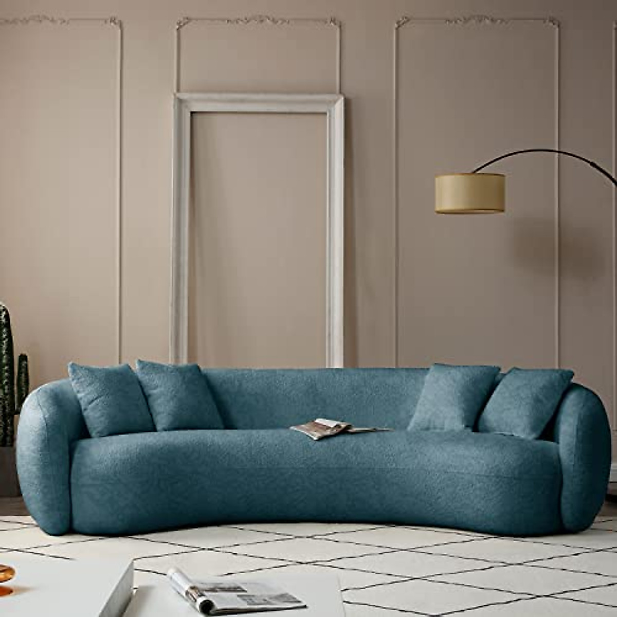 NordStorm 102.36" Curved Living Room Sofa Couch with 4 Throw Pillows, Uphostery Boucle Couch, 5 Seater Half-Moon Shape Mid-Century Modern Cream Cloud Couch for Bedroom Small Apartment, Blue