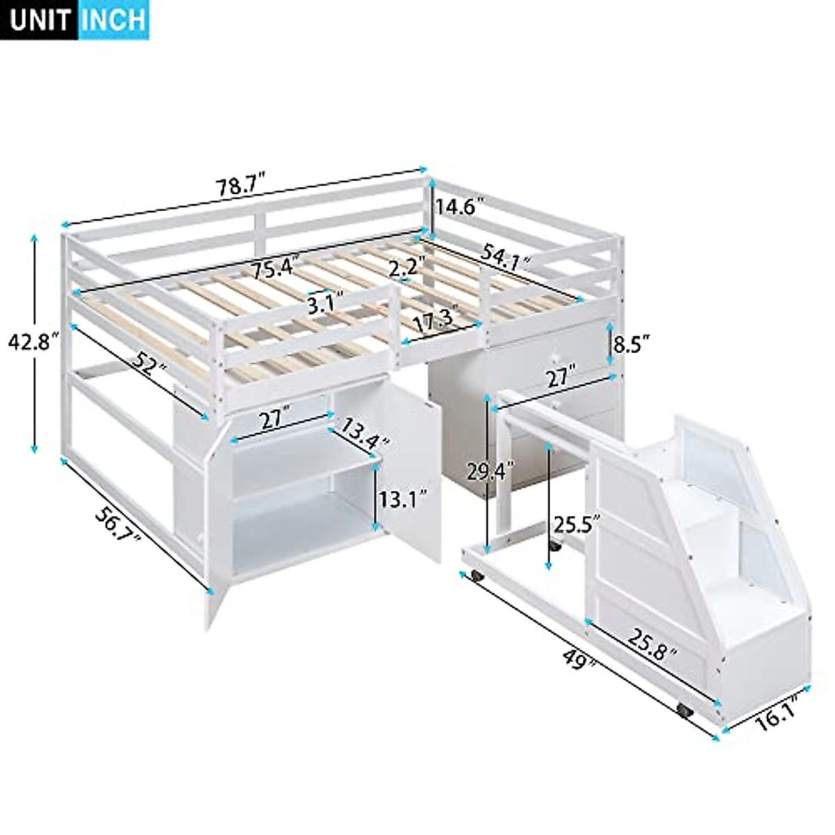 BIADNBZ Versatile Low Loft Bed Full Size, Wood Loftbed Frame with Storage Drawers and Cabinets, Hanging Clothes at The Back of The Staircase, for Kids Teens Boys Girls Bedroom,White