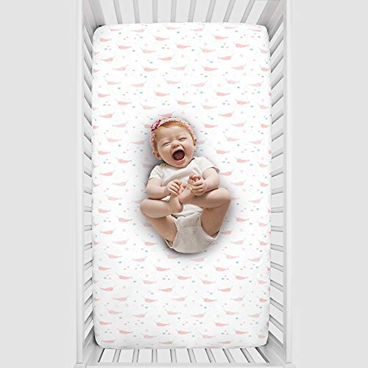 NoJo Under The Sea Whimsy Pink and Blue Whales and Narwhals 4 Piece Crib Bedding Set - Comforter, Fitted Crib Sheet, Dust Ruffle and Storage Bin