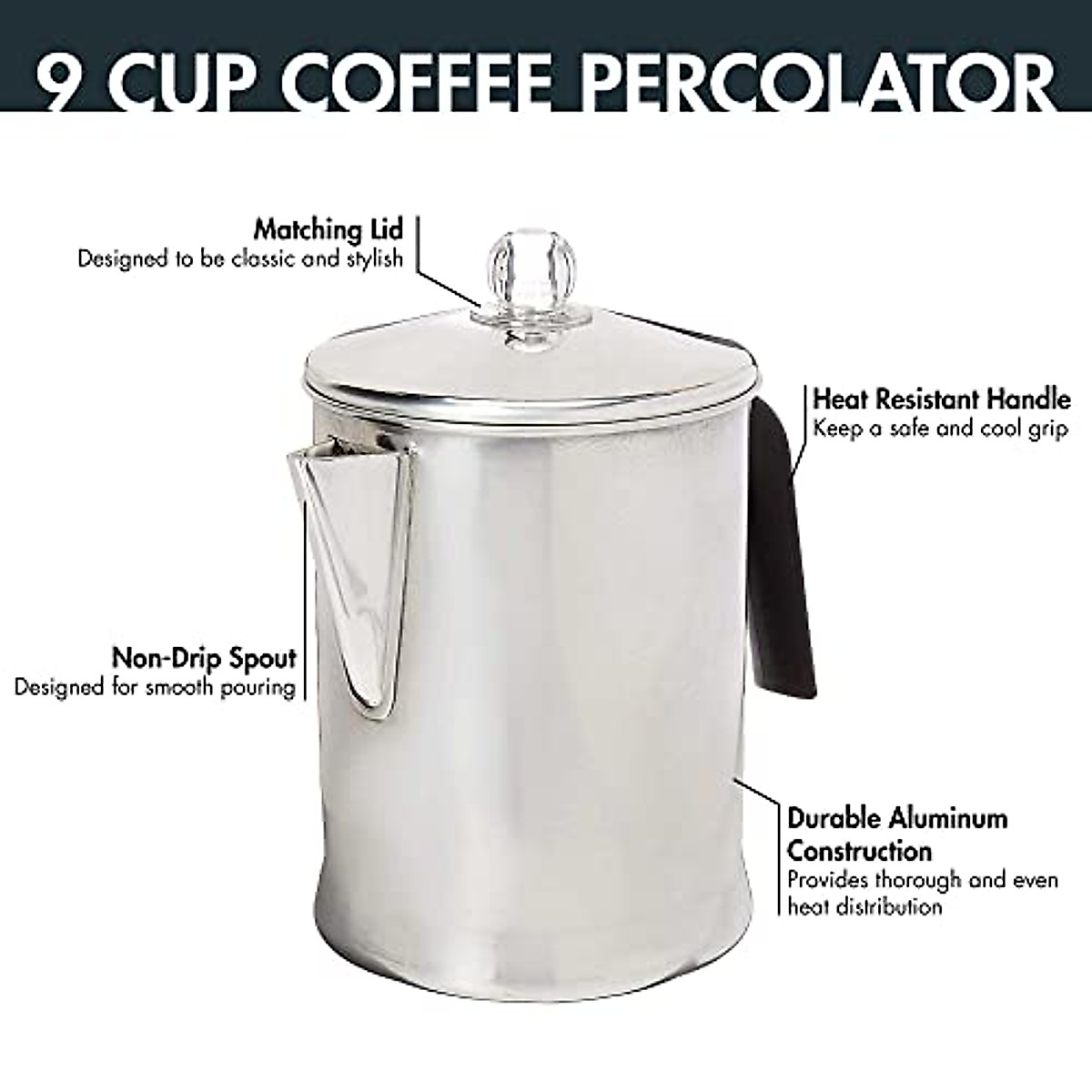 Primula Today Aluminum Stove Top Percolator Maker Durable, Brew Coffee On Stovetop, 9 Cup, Silver