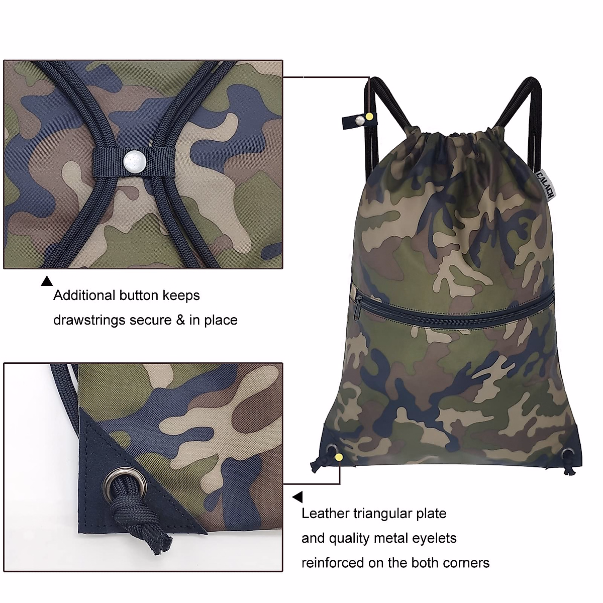 CALACH Large Camo Laundry Bag Backpack + Large Camo Drawstring Bag Backpack Sports Gym Sack